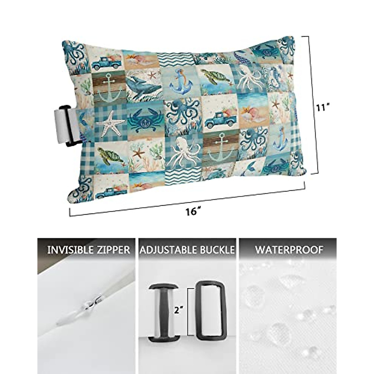 Recliner Head Pillow Ledge Loungers Chair Pillows with Insert Summer Beach Ocean Turtle Starfish Anchor Octopus Navy Blue Lumbar Pillow with Adjustable Strap Patio Cushion for Sofa Bench Couch, 2 PCS