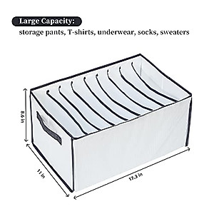 Vercord Washable Pants Drawer Organizer 9 Divider Foldable Clothes Organizer Wardrobe Storage Box Large 2 for Underwear Socks Jeans Grey