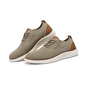 VILOCY Men's Casual Dress Sneakers Oxfords Business Shoes Lace Up Lightweight Comfortable Breathable Walking Knit Mesh Fashion Sneakers Tennis Khaki,EU44