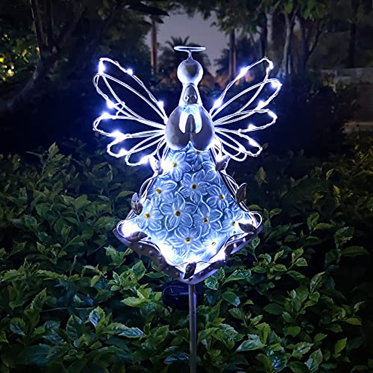 COOZZYHOUR 38Inch Angel Solar Garden Lights Outdoor Decorative -Metal&Glass Angel White Hydrangea Flower Stake Lights- Waterproof 30 Warm White LED for Remembrance Gifts & Sympathy Gifts