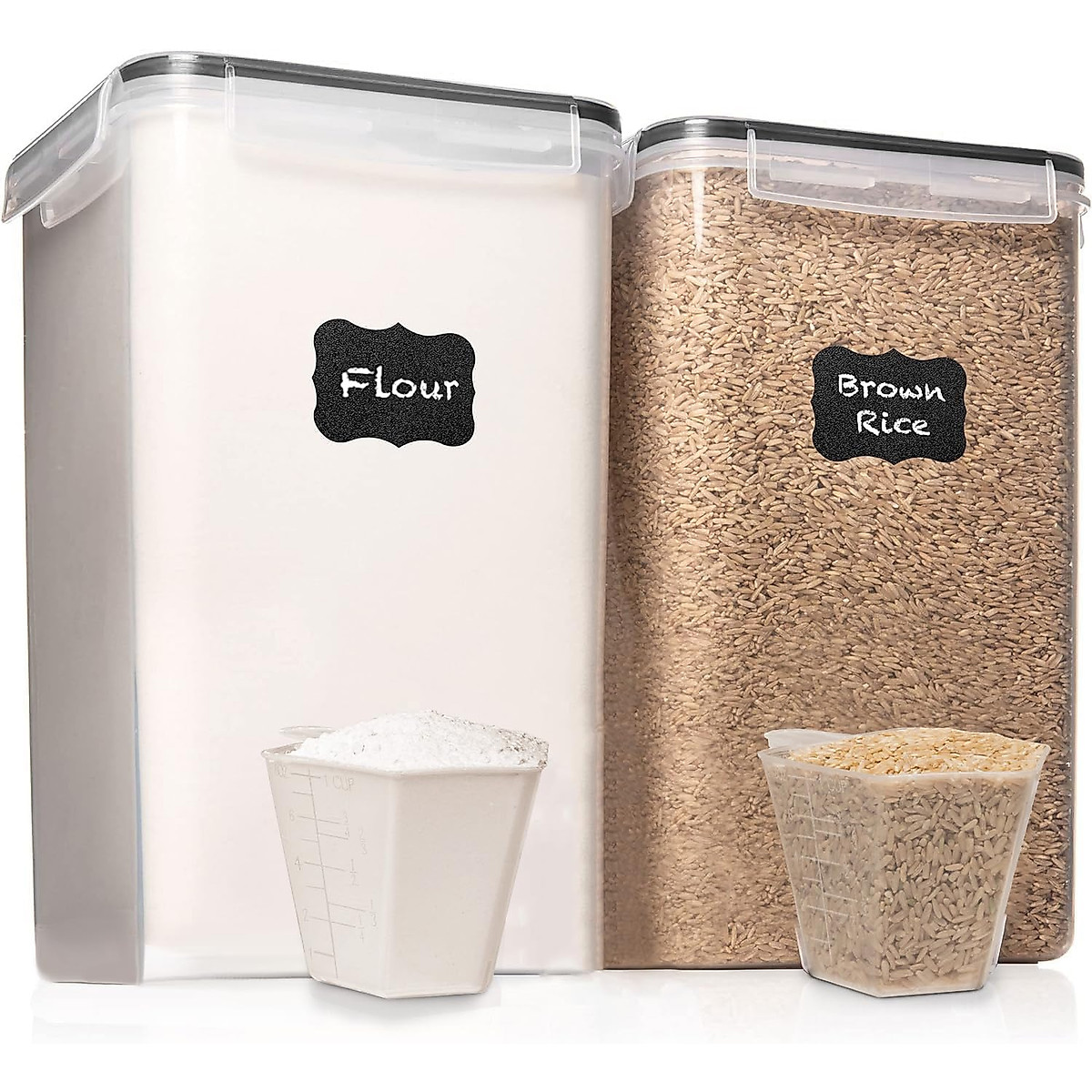 XXL 7 qt / 6.5 L / 220 Oz Food Storage Airtight Pantry Containers [Set of 2] WIDE & DEEP + FREE 2 Measuring Cup + Ideal for Sugar, Flour - Clear Plastic - Leakproof - BPA Free - Grey