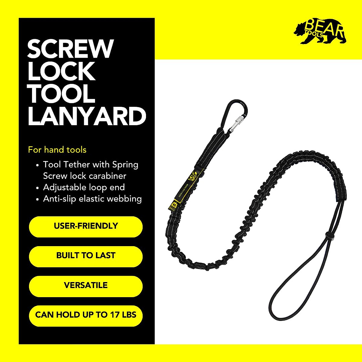 BearTOOLS Tool Lanyard with Single Carabiner and Adjustable Loop End, Standard Length, Maximum Weight Limit 8KG / 17.6lb, Aluminum Screw Lock Carabiner with Shock Cord Stopper, 0923S (3 Pack)
