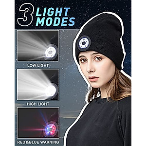 Unisex Beanie Hat with Light 2 Pack, 5 LED 3 Modes Rechargeable Hands Free Headlamp Hat, Knitted Hat with Light for Men Women Kid, Winter Men Gift Stocking Stuffers for Christmas Day (Black&Grey)