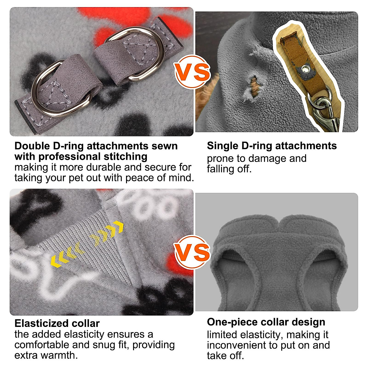 BEAUTYZOO Small Dog Sweater Fleece Vest Winter Jacket, D-Ring Leash Attachment for XS S Puppy Medium Sized Breeds Dogs, Cold Weather Dog Clothes Windproof Keep Warm, Grey Bones Paw XS