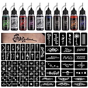 STIGMA Temporary Tattoo Kit 10 Bottles Color Inks, 84 Pcs Stencils Kit for Body Paint DIY Tattoos Temp, (Black, Cyan, Red, Green, Blue, Purple, Brown, Orange,Yellow,Grey)