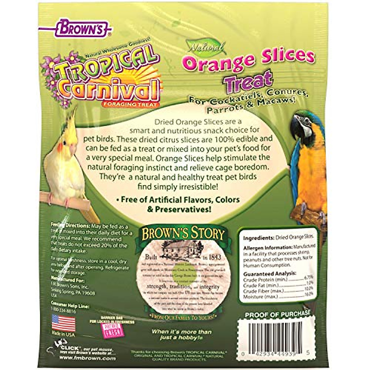 F.M. Brown's Tropical Carnival Natural Orange Slices Pet Bird Foraging Treat, 0.75-oz Bag - Sun-Ripened, USA Harvested, 100% Edible, Natural Vitamin C