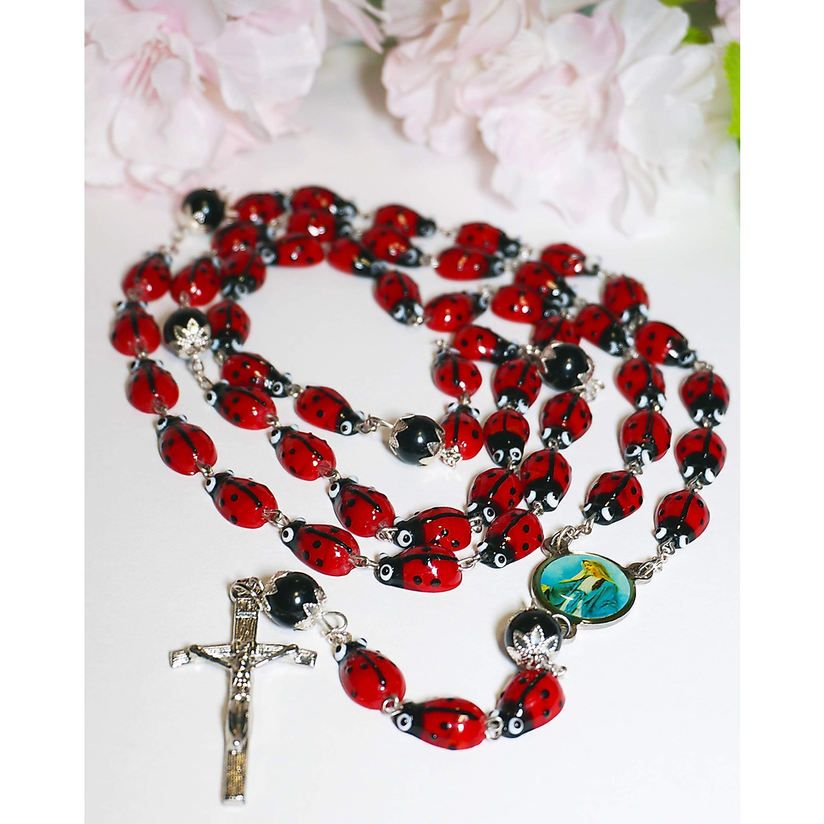 col-p Catholic Steel Rosary Ceramic Ladybug Devotional 29" inch long centerpiece Lady of Grace Sanctified Papal Crucifix Zinc Alloy