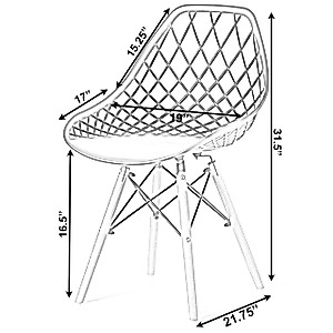 Fabulaxe Mid-Century Modern Style Plastic DSW Shell Dining Chair with Lattice Back and Wooden Dowel Eiffel Legs, Black