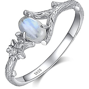 HUKQBUNX 925 Sterling Silver Natural Moonstone Ring Feminine Branch Flower Lady Shiny Wedding Engagement Ring Birthday Party Ring Size 6-10 (Size 9)