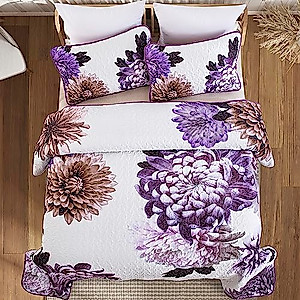 Dintszyayue Floral Quilt Set King Size, 3 Pieces Purple Flower Quilt Coverlet Set with 2 Pillowcases Lightweight Microfiber Bedspread All Season King 104"x90"