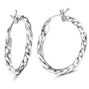 Milacolato 925 Sterling Silver Hoop Earrings for Women 18K White Gold Plated Twisted Hoop Earrings Hypoallergenic Lightweight Click-Top Big Hoop Earrings 25mm