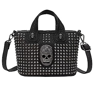 Downupdown Vintage Handbags Women Rivet Purse Gothic Skull Satchel Handbag Leather Tote Bag Top Handle Shoulder Bag Cool Girl-Black