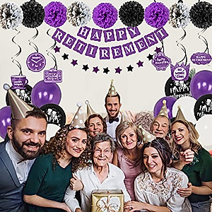 Retirement Party Decorations Purple Black, Xourspaty Retirement Decorations Supplies for Women Female Friends Happy Retirement Banner Latex Balloons with Hanging Swirls Paper Pompoms Cake Toppers Kit