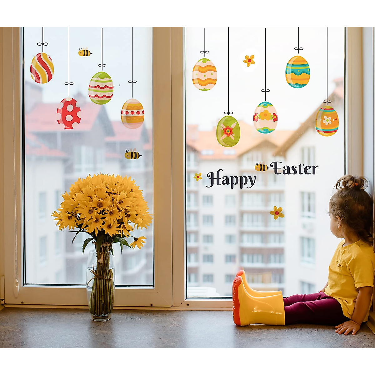 Happy Easter Wall Decals Eggs Wall Stickers Peel and Stick Easter Wall Decorations Window Clings for Nursery Classroom Kids Room Baby Bedroom Home Kitchen Easter Party Decoration (Eggs)