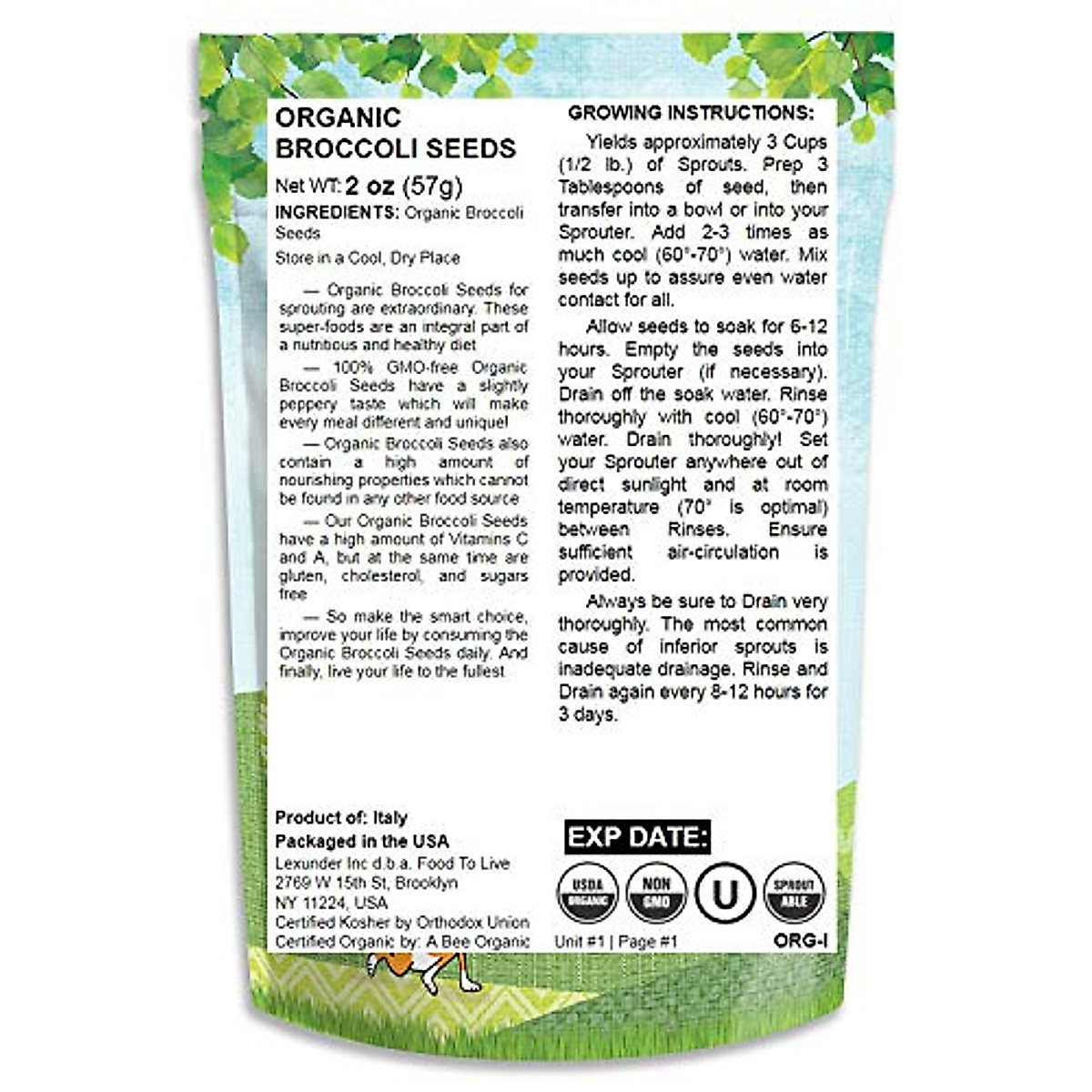 Organic Broccoli Seeds for Sprouting, 2 Ounces – Non-GMO, Vegan, Kosher, Sirtfood, Bulk. Rich in Sulforaphane, Vitamin C. Grow Sprouts, Microgreens for Salads, and Sandwiches. High Germination Rate.