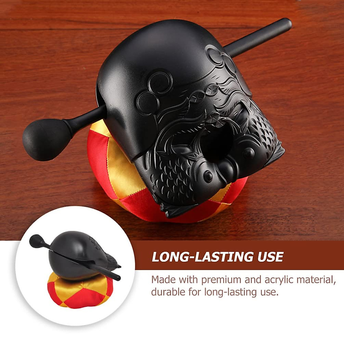 Cabilock Buddhist Wood Fish Zen Drum: Temple Block with Hammer and Cushion Musical Decoration for Meditation Classroom