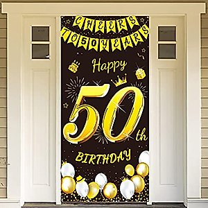 DPKOW Black Gold 50th Birthday Decoration for Man Woman, Black Gold 50th Birthday Banner for Backdrop Door Decoration, 50th Birthday Background Banner for Garden Table Wall Decoration, 185 x 90cm