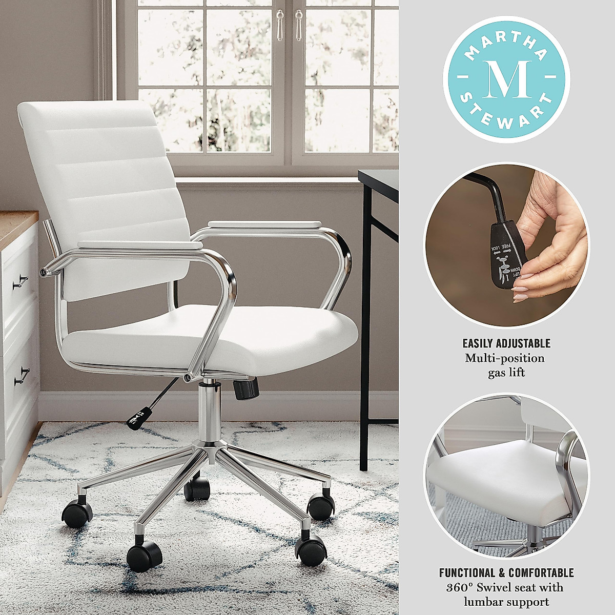Martha Stewart Piper Swivel Task Chair with Armrests for Home Office in White Faux Leather with Polished Nickel Frame