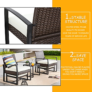 LOKATSE HOME Patio Conversation Set 5 Pieces Outdoor PE Wicker Rattan Sofa Furniture Cushioned Chairs and Ottomans with Tempered Glass Coffee Table, White