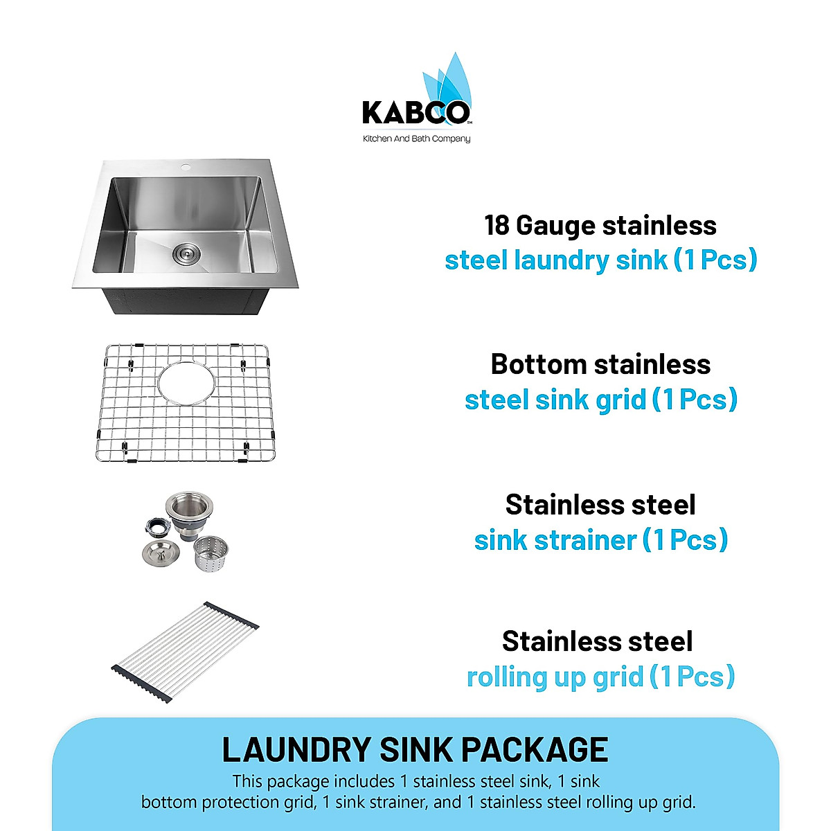 KABCO Single Bowl Undermount Stainless Steel Kitchen Sink, Rust Resistant Sound and Heatproof Laser Cut, Sink for Indoor or Outdoor Kitchens (Laundry Sinks)