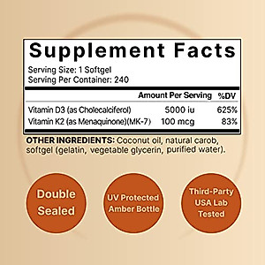 NatureBell Vitamin D3 K2 (MK7) with Virgin Coconut Oil, 240 Softgels, Vitamin D3 5000 IU & K2 MK7 100mcg, 2 in 1 Support, Duo-Ack | 8 Months Supply | Third Party Tested, Non GMO & No Gluten