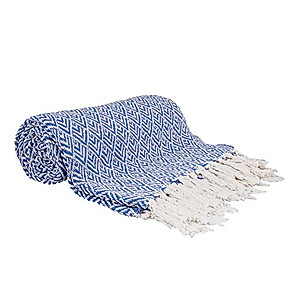 Cotton Chevron Decorative Blue Throw Blanket | Decorative Lightweight Sapphire Beige Geometric Pattered Textured Blankets with Fringe | 65x50 Inch | Sofa Couch Bed Chair Living Room Decor Picnic Beach
