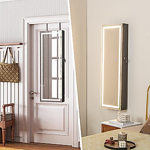 Giantex Jewelry Cabinet Armoire Door Wall Mount, 47.2in Lockable Touch Screen Lighted Full Length Mirror, 3 Lighting Settings, Inside Makeup Mirror, Jewelry Storage Box Organizer (Black)