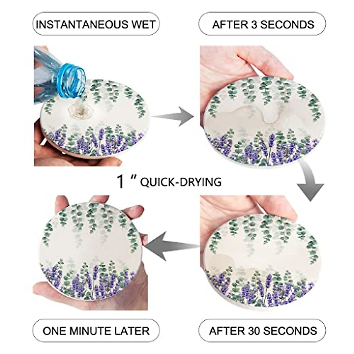 QUANJJ Leaves Lavender Flower Coasters Ceramic Set Round Absorbent Drink Coaster Coffee Tea Cup Placemats Table Mat (Color : D, Size : 8pcs)