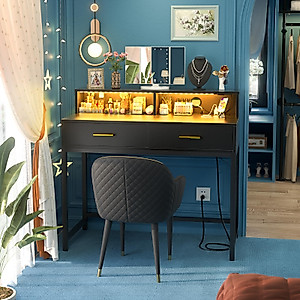 Cyclysio Vanity Desk with Mirror and Lights, 36 Inch Makeup Vanity with 2 Wooden Drawers & Storage Shelves, Black Small Vanity with Power Outlets and LED Lights for Small Space, Bedroom, Black Pink