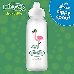 Dr. Brown’s® Milestones™ Narrow Sippy Bottle, 100% Silicone Soft Sippy Spout, 8oz/250mL, Flamingo & Bunny, 6m+