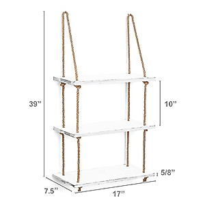 Mkono Hanging Shelves 3 Tier White Wood Wall Mount Floating Shelf with Rope Boho Decor for Living Room Bathroom Bedroom Kitchen Apartment - Rustic Wood Decorative Storage Shelf