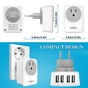 European Travel Plug Adapter, eeQiu International Travel Adapter with 4 USB Ports, American Outlets - 5 in 1 European Plug Adapter for US to Europe EU Country Like Germany, Spain, Italy, France.