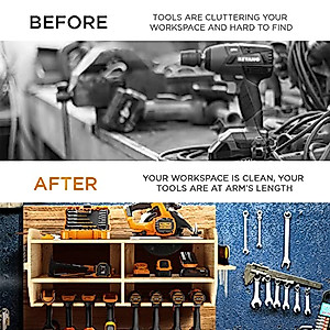 ESPAZZIO Power Tool Organizer Wall Mount w/ Magnetic Holder, Slots - Easy Installation Cordless Drill Storage Wood – Large Capacity Garage Holds Drills, Tools, & More Rack