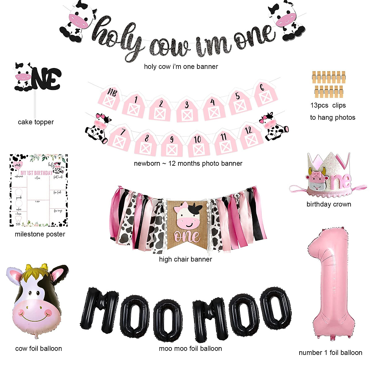 Cow First Birthday Party Decorations, Farm First Birthday Party Supplies, Holy Cow I'M One Birthday Decorations, 1st Birthday Girl Decoration, First Birthday Decoration for Girl, Farmhouse Animal Cow