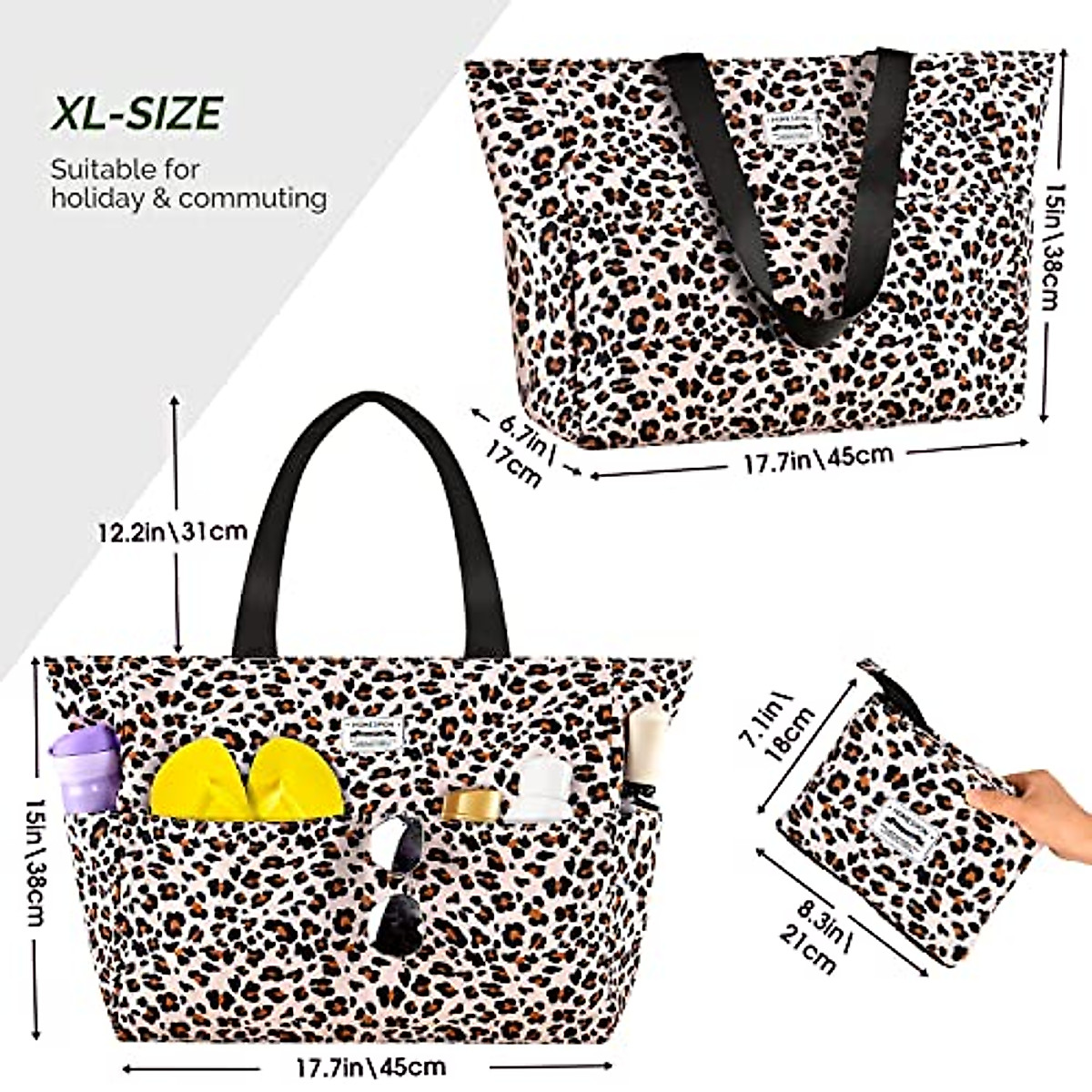 HOMESPON Large Waterproof Beach Bag for Women Sandproof Tote Bag Pool Bag with Zipper and Pockets for Travel Vacation Gym (Leopard Print)