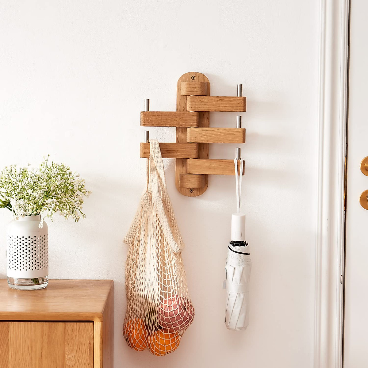 Rsuwiz Coat Hooks for Wall, Oak Wood Wall Hooks with 5 Swivel Foldable Arms, 12'' Length Wall Coat Rack Hat Hooks for Bathroom Entryway Bedroom Office Kitchen, Heavy Duty (Natural)