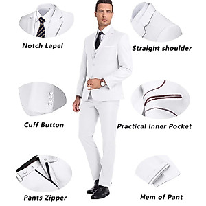 Suit for Men Two Button Slim Fit 3 Piece Mens Suit Wedding Prom Suits Blazer Tux Vest & Trousers White M