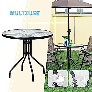 Goplus 32" Outdoor Round Patio Table with Umbrella Hole, All Weather Dining Table Tempered Glass Top, Bistro Table Coffee Table Furniture Commercial Party Event for Backyard Lawn Balcony Pool