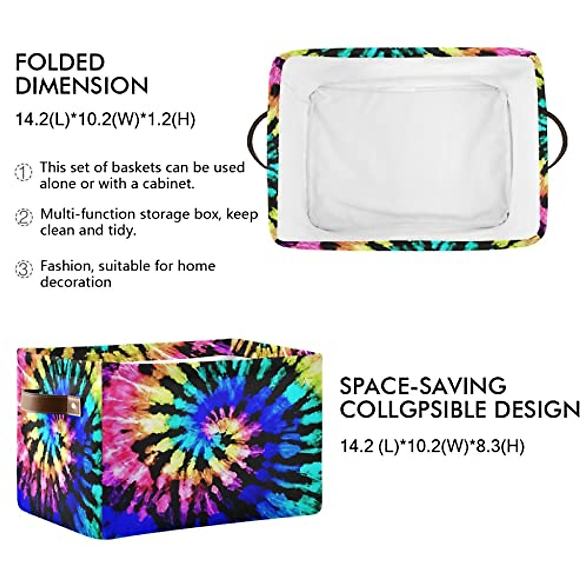 Gougeta Foldable Storage Basket with Handle, Tie Dye Rainbow Colorful Rectangular Canvas Organizer Bins for Home Office Closet Clothes Toys 2 Pack