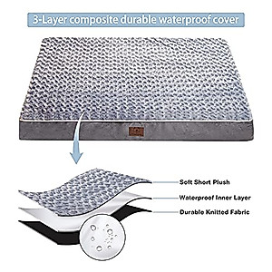 WNPETHOME Orthopedic Large Dog Bed, Dogs Bed for Large Dogs with Egg Foam Crate Pet Bed with Soft Rose Plush Waterproof Dog Bed Cover Washable Removable（Dog Bed Large 36 x 27 x 3 inch Grey）