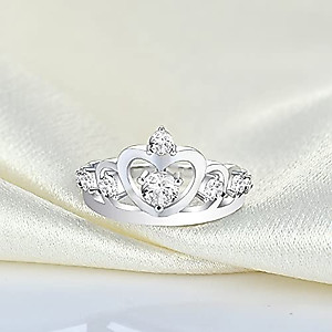 YL Womens 925 Sterling Silver Cubic Zirconia Princess Heart Crown Ring, Size 9