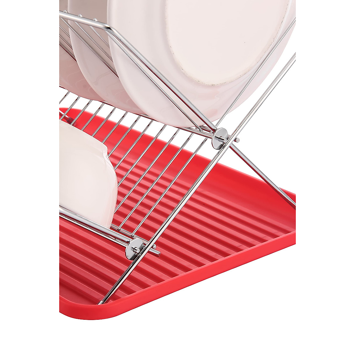 J&V TEXTILES Foldable Dish Drying Rack with Drainboard, Stainless Steel 2 Tier Dish Drainer Rack, Collapsible Dish Drainer, Folding Dish Rack for Kitchen Sink, Countertop, Cutlery, Plates (Red)