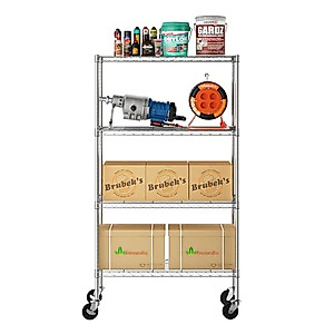 Furinno Wayar 4-Tier Metal Storage Shelf Rack Cart with Casters, 36 x 14 x 58, Stainless Steel