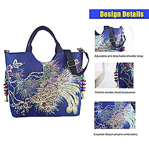 Vintage Shoulder HandBags for Women,Tote Handbags,Ladies Travel Hobo Handbag With Sparkly Sequins Phoenix Embroidered (Blue)