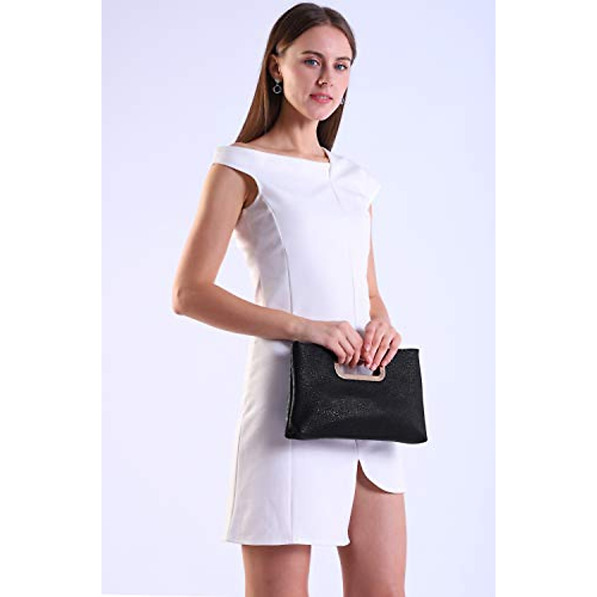 Women Glossy Patent Leather Clutch Cut Out Metal Handle Chain Shoulder Handbag (Grey)