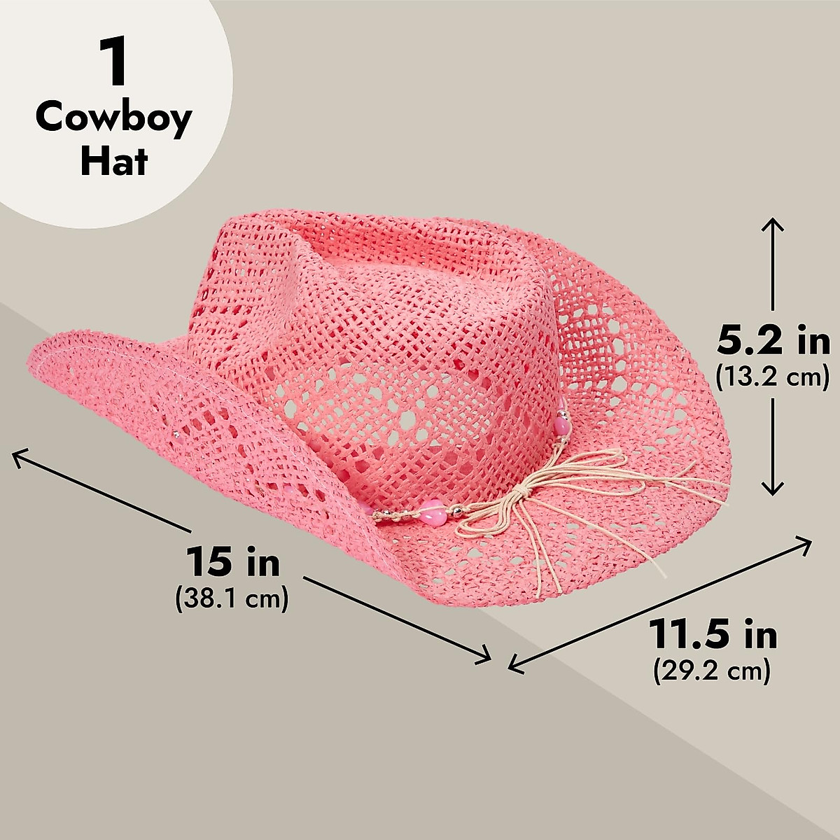 Zodaca Pink Cowboy Hat for Women - Pink Straw Beach Hat, Cute Cowgirl Hat with Beaded Heart Trim and Braided Chain (Adult Size)