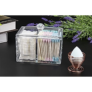 TocTen Qtip Holder Dispenser for Cotton Ball, Cotton Swab, Cotton Round Pads Jar, 3-Grid Bathroom Canister with Lid Thicken Acrylic Plastic Make Up Organizer, Extra Sponge Blender Holder Includ