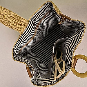 Women Top Handle Bag Straw Weave Circular Ring Bucket Bag