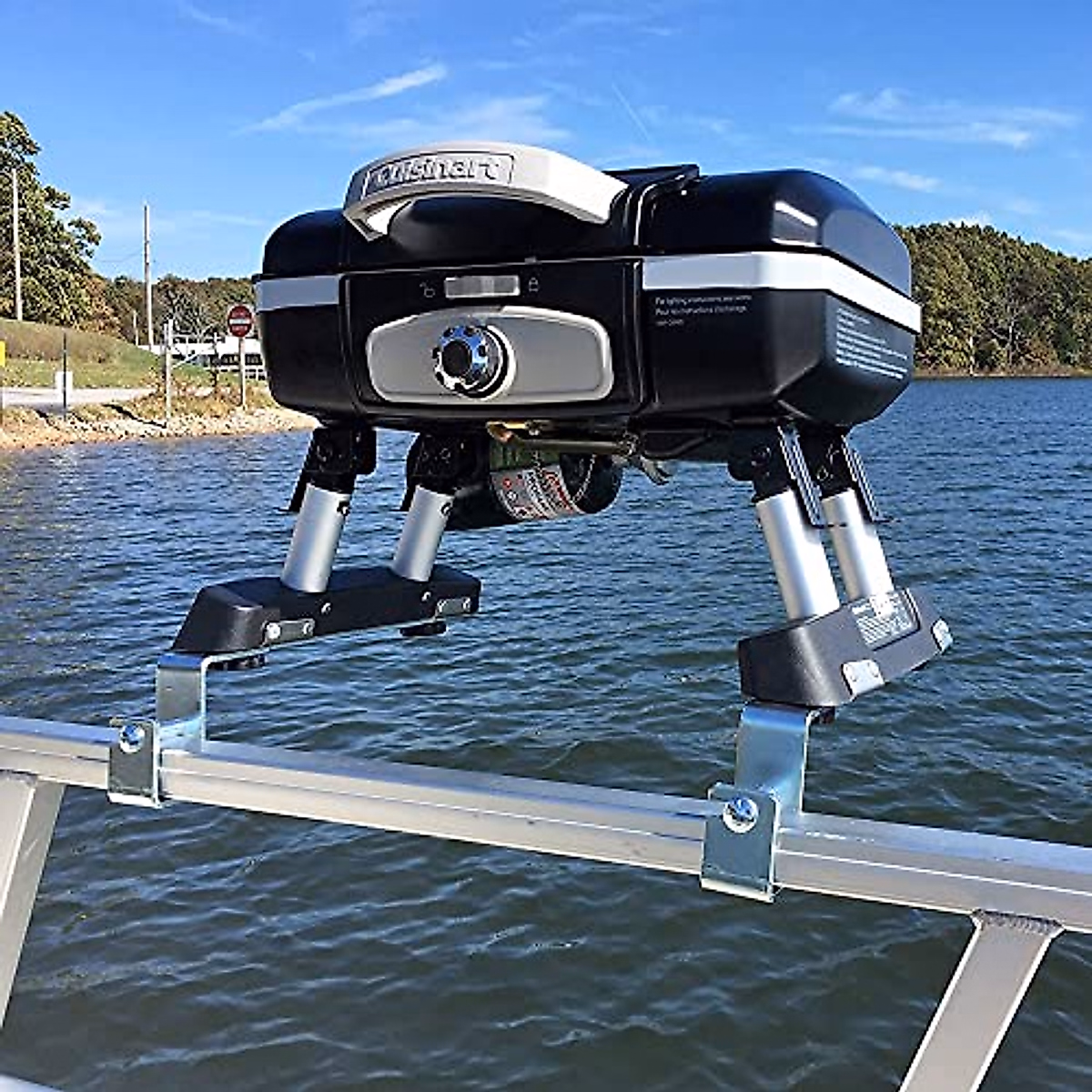 Cuisinart Grill Modified for Pontoon Boat with Arnall's Stainless Grill Bracket Set BLACK