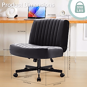 TUKAKA Criss Cross Chair with Wheels,Thick Padded Leather Cross Legged Office Desk Chair with Pocket Spring Cushion,Dual-Purpose Base,Wide Adjustable Computer Home Office Vanity Chair,Black